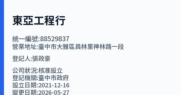 東亞工程行的照片-統編 88529837(臺中市) 公司登記資料與營業項目詳細圖表