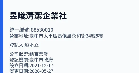 昱曦清潔企業社的照片-統編 88530010(臺中市) 公司登記資料與營業項目詳細圖表