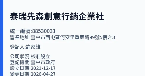 泰瑞先森創意行銷企業社的照片-統編 88530031(臺中市) 公司登記資料與營業項目詳細圖表