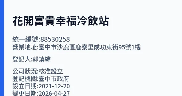 花開富貴幸福冷飲站的照片-統編 88530258(臺中市) 公司登記資料與營業項目詳細圖表