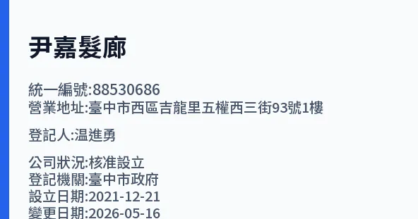 尹嘉髮廊的照片-統編 88530686(臺中市) 公司登記資料與營業項目詳細圖表