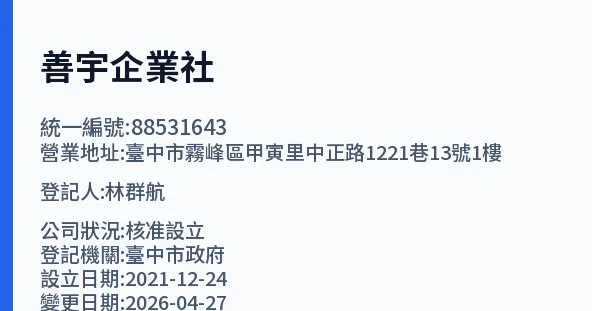 善宇企業社的照片-統編 88531643(臺中市) 公司登記資料與營業項目詳細圖表