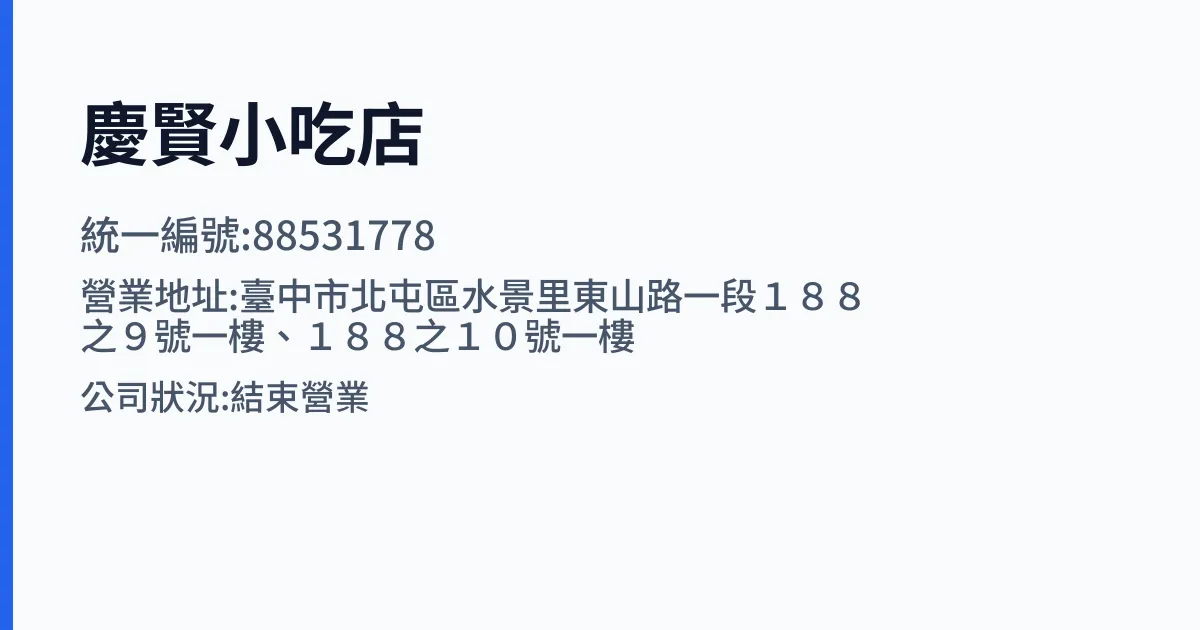 慶賢小吃店 - 統編 88531778(臺中市) 公司登記資料與營業項目詳細圖表