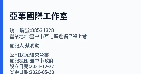 亞栗國際工作室的照片-統編 88531828(臺中市) 公司登記資料與營業項目詳細圖表