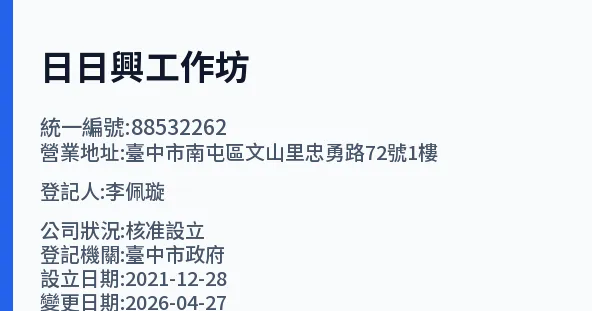 日日興工作坊的照片-統編 88532262(臺中市) 公司登記資料與營業項目詳細圖表