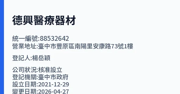 德興醫療器材的照片-統編 88532642(臺中市) 公司登記資料與營業項目詳細圖表