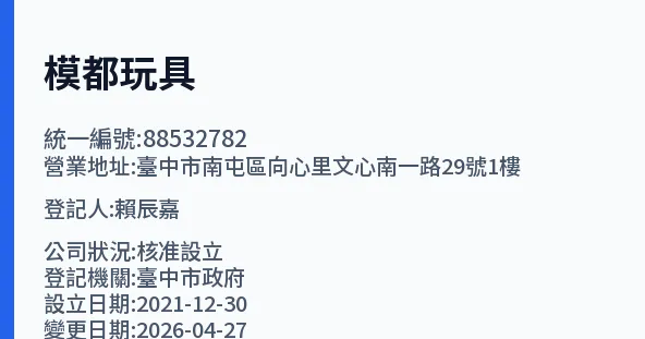 模都玩具的照片-統編 88532782(臺中市) 公司登記資料與營業項目詳細圖表