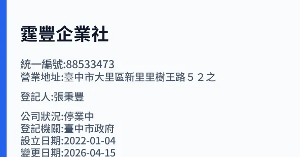 霆豐企業社的照片-統編 88533473(臺中市) 公司登記資料與營業項目詳細圖表