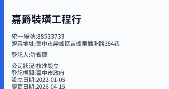 嘉爵裝璜工程行的照片-統編 88533733(臺中市) 公司登記資料與營業項目詳細圖表