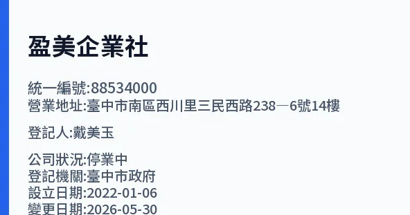 盈美企業社的照片-統編 88534000(臺中市) 公司登記資料與營業項目詳細圖表