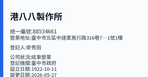 港八八製作所的照片-統編 88534661(臺中市) 公司登記資料與營業項目詳細圖表
