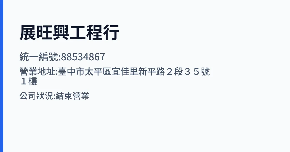 展旺興工程行 - 統編 88534867(臺中市) 公司登記資料與營業項目詳細圖表