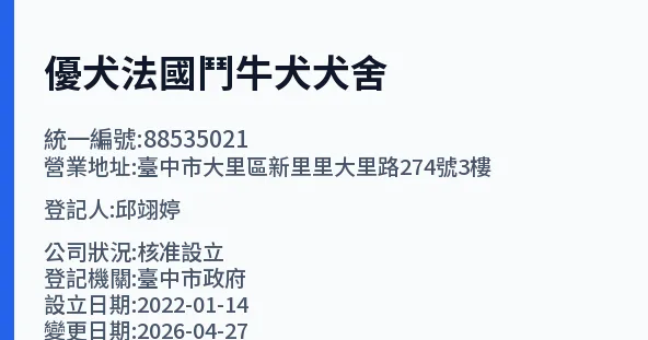 優犬法國鬥牛犬犬舍的照片-統編 88535021(臺中市) 公司登記資料與營業項目詳細圖表