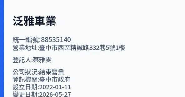 泛雅車業的照片-統編 88535140(臺中市) 公司登記資料與營業項目詳細圖表