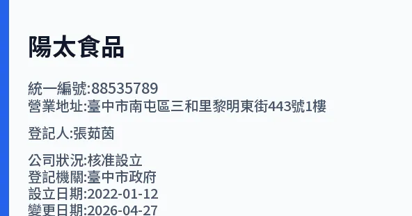 陽太食品的照片-統編 88535789(臺中市) 公司登記資料與營業項目詳細圖表