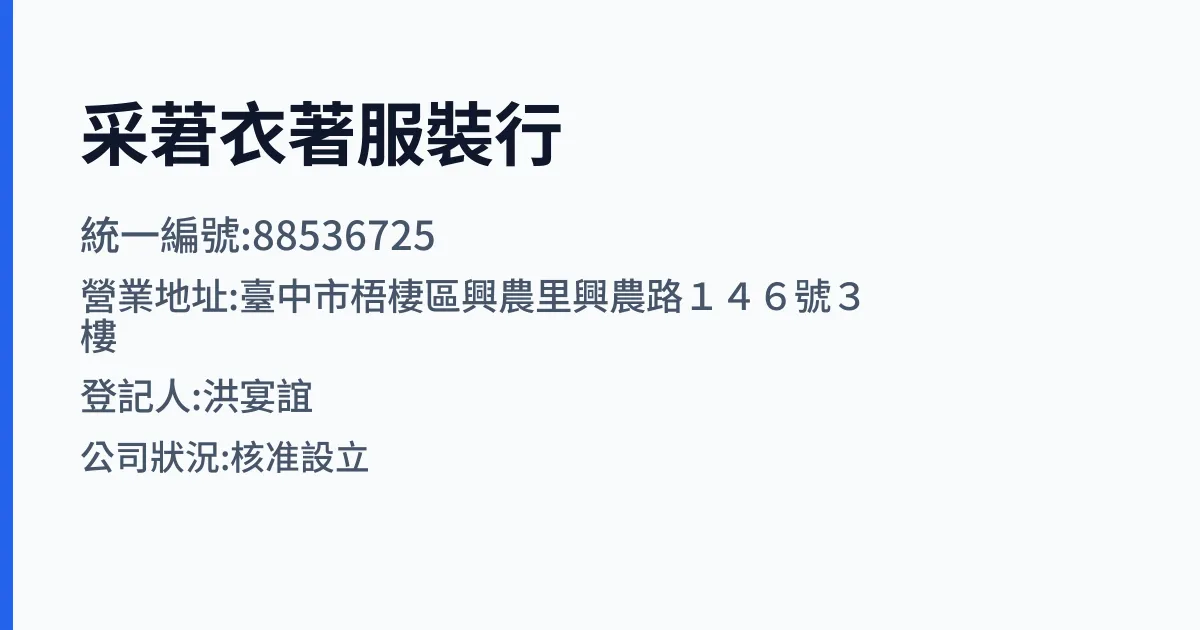 采莙衣著服裝行 - 統編 88536725(臺中市) 公司登記資料與營業項目詳細圖表