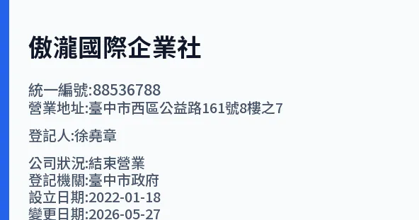 傲瀧國際企業社的照片-統編 88536788(臺中市) 公司登記資料與營業項目詳細圖表