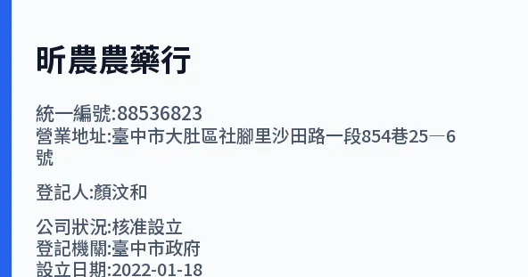 昕農農藥行的照片-統編 88536823(臺中市) 公司登記資料與營業項目詳細圖表