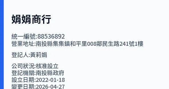娟娟商行的照片-統編 88536892(南投縣) 公司登記資料與營業項目詳細圖表