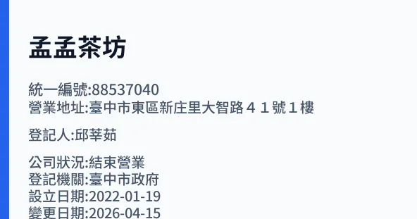 孟孟茶坊的照片-統編 88537040(臺中市) 公司登記資料與營業項目詳細圖表