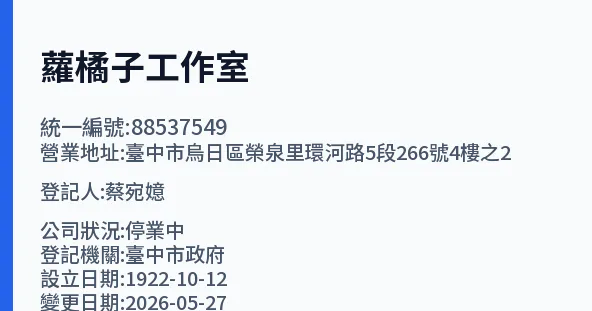 蘿橘子工作室的照片-統編 88537549(臺中市) 公司登記資料與營業項目詳細圖表