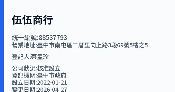 伍伍商行的照片-統編 88537793(臺中市) 公司登記資料與營業項目詳細圖表