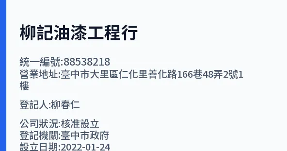 柳記油漆工程行的照片-統編 88538218(臺中市) 公司登記資料與營業項目詳細圖表