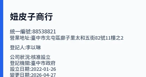 妞皮子商行的照片-統編 88538821(臺中市) 公司登記資料與營業項目詳細圖表