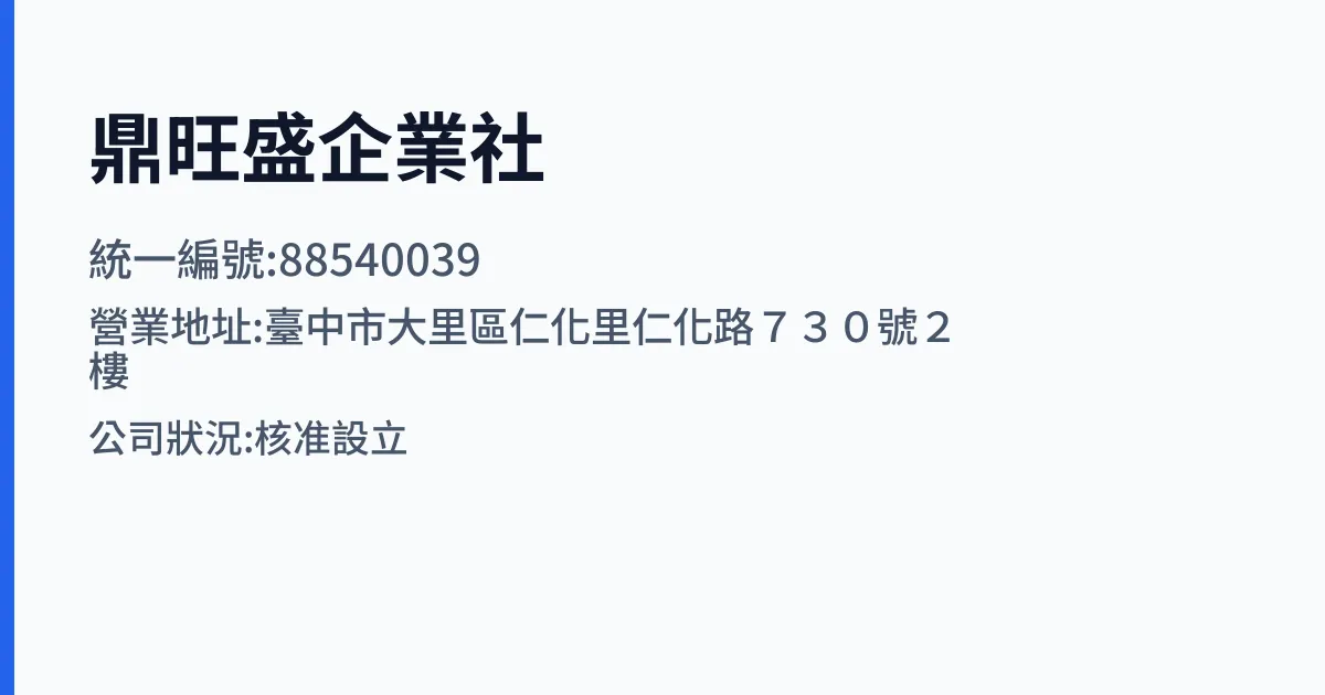 鼎旺盛企業社 - 統編 88540039(臺中市) 公司登記資料與營業項目詳細圖表