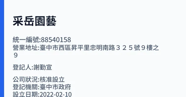 采岳園藝的照片-統編 88540158(臺中市) 公司登記資料與營業項目詳細圖表