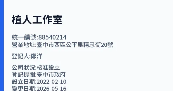 植人工作室的照片-統編 88540214(臺中市) 公司登記資料與營業項目詳細圖表