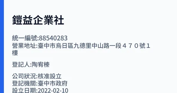 鎧益企業社的照片-統編 88540283(臺中市) 公司登記資料與營業項目詳細圖表
