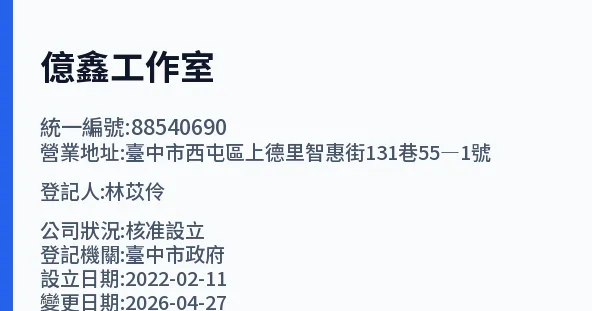 億鑫工作室的照片-統編 88540690(臺中市) 公司登記資料與營業項目詳細圖表
