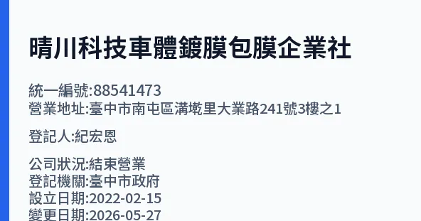 晴川科技車體鍍膜包膜企業社的照片-統編 88541473(臺中市) 公司登記資料與營業項目詳細圖表