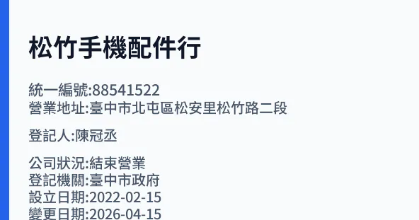 松竹手機配件行的照片-統編 88541522(臺中市) 公司登記資料與營業項目詳細圖表