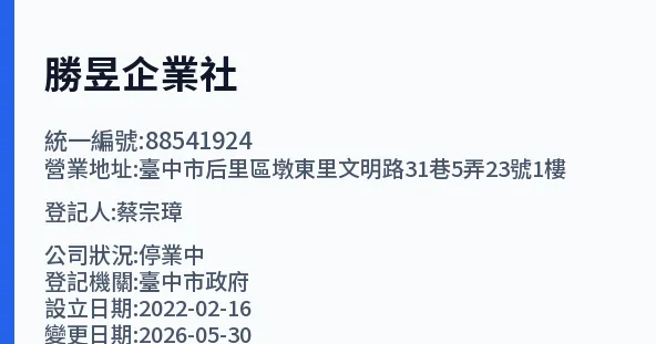 勝昱企業社的照片-統編 88541924(臺中市) 公司登記資料與營業項目詳細圖表