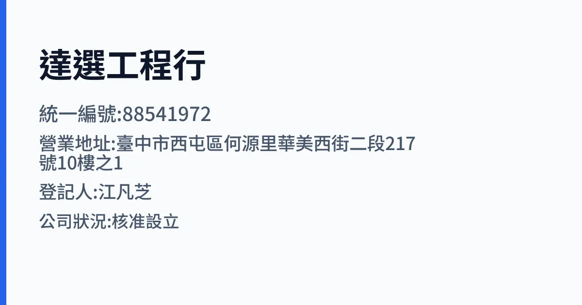 達選工程行 - 統編 88541972(臺中市) 公司登記資料與營業項目詳細圖表