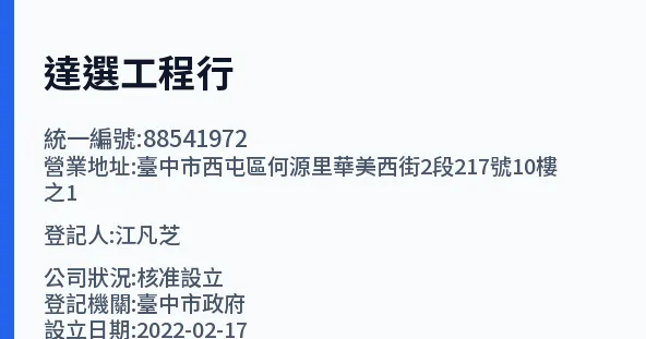 達選工程行的照片-統編 88541972(臺中市) 公司登記資料與營業項目詳細圖表