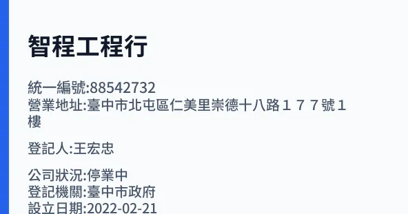 智程工程行的照片-統編 88542732(臺中市) 公司登記資料與營業項目詳細圖表