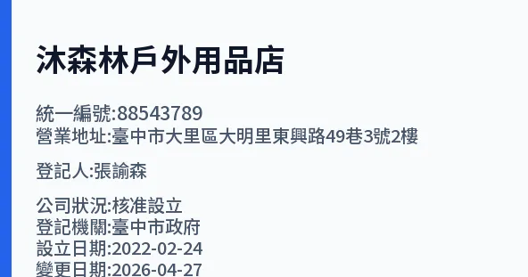 沐森林戶外用品店的照片-統編 88543789(臺中市) 公司登記資料與營業項目詳細圖表
