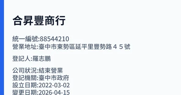 合昇豐商行的照片-統編 88544210(臺中市) 公司登記資料與營業項目詳細圖表