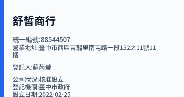 舒皙商行的照片-統編 88544507(臺中市) 公司登記資料與營業項目詳細圖表