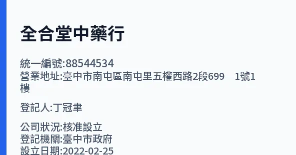 全合堂中藥行的照片-統編 88544534(臺中市) 公司登記資料與營業項目詳細圖表