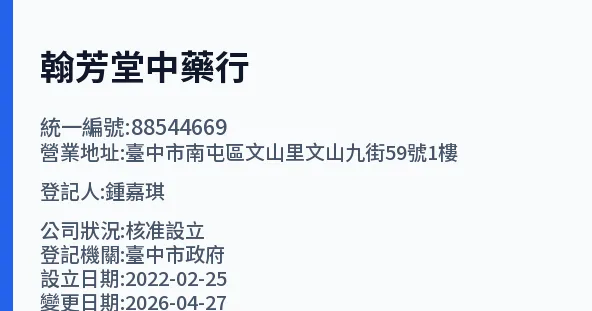 翰芳堂中藥行的照片-統編 88544669(臺中市) 公司登記資料與營業項目詳細圖表