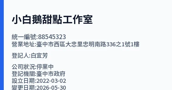小白鵝甜點工作室的照片-統編 88545323(臺中市) 公司登記資料與營業項目詳細圖表