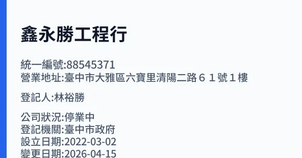 鑫永勝工程行的照片-統編 88545371(臺中市) 公司登記資料與營業項目詳細圖表