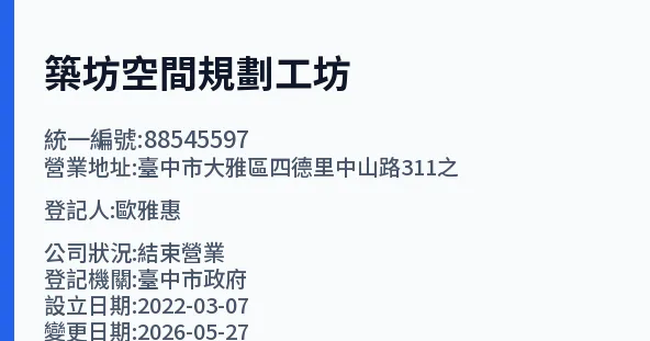 築坊空間規劃工坊的照片-統編 88545597(臺中市) 公司登記資料與營業項目詳細圖表