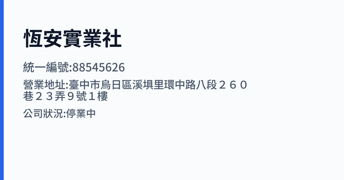 恆安實業社 - 統編 88545626(臺中市) 公司登記資料與營業項目詳細圖表