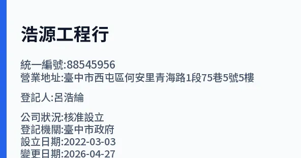 浩源工程行的照片-統編 88545956(臺中市) 公司登記資料與營業項目詳細圖表