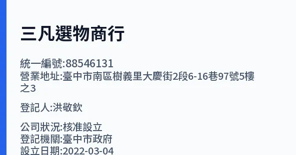 三凡選物商行的照片-統編 88546131(臺中市) 公司登記資料與營業項目詳細圖表